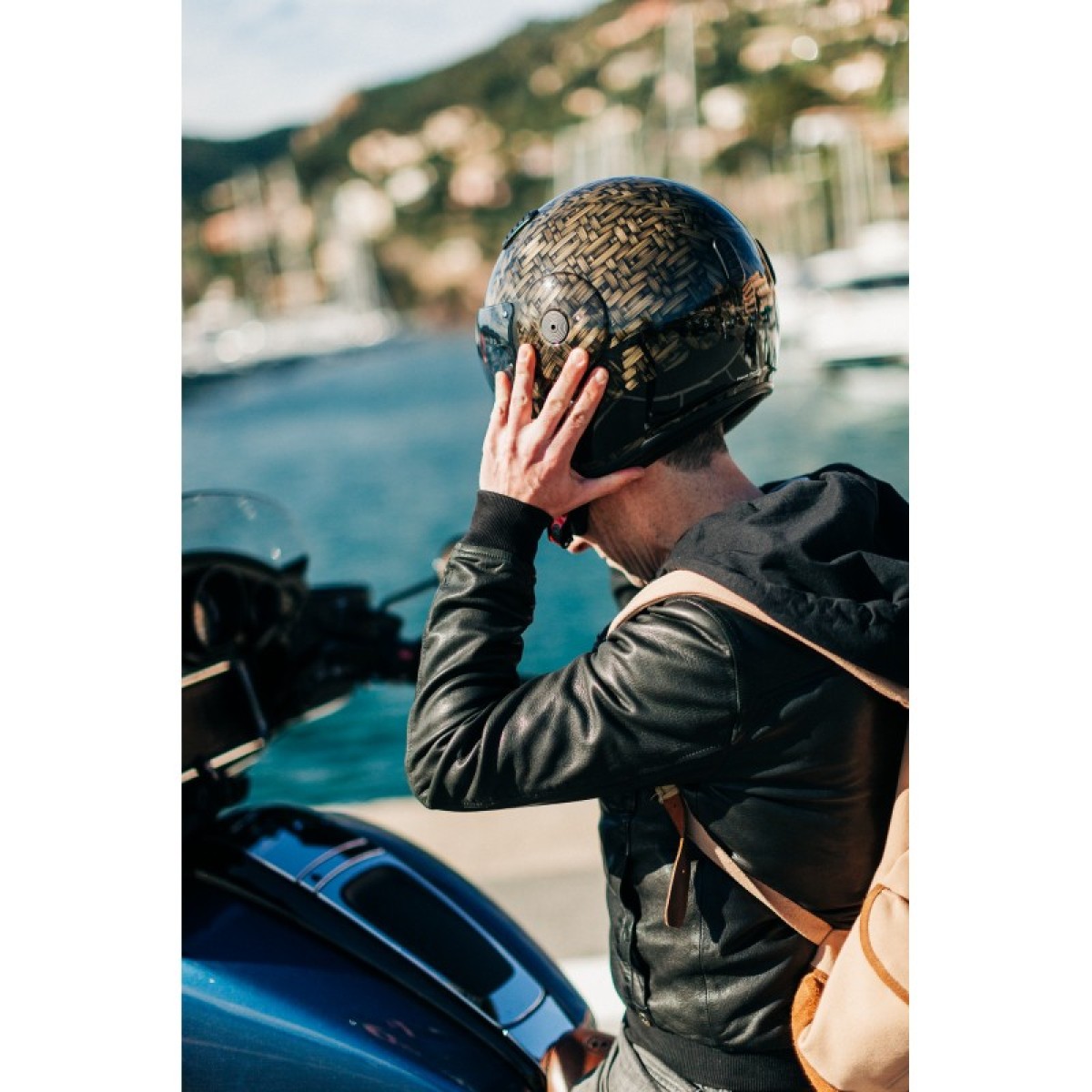 Roof Crash Helmet, Bamboo Open Face Jet Helmet ECE 22/06 in Gloss Black ...